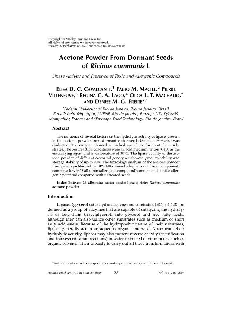 2007acetone Powder From Dormant Seeds of Ricinus Communis L Lipase ...