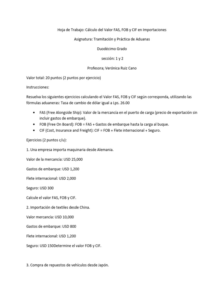 Hoja de Trabajo Aduanas Valor FAS FOB Y CIF | PDF | Dólar de los ...