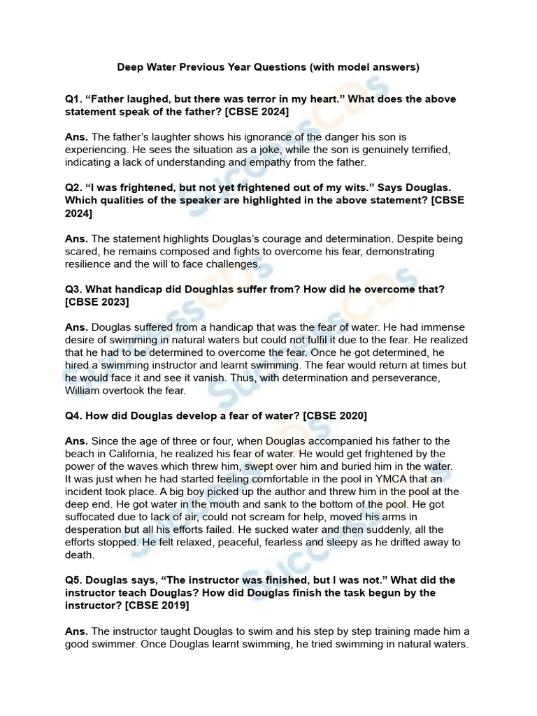 Deep Water Class 12 PYQs with Answers | PDF | Fear | Behavioural Sciences