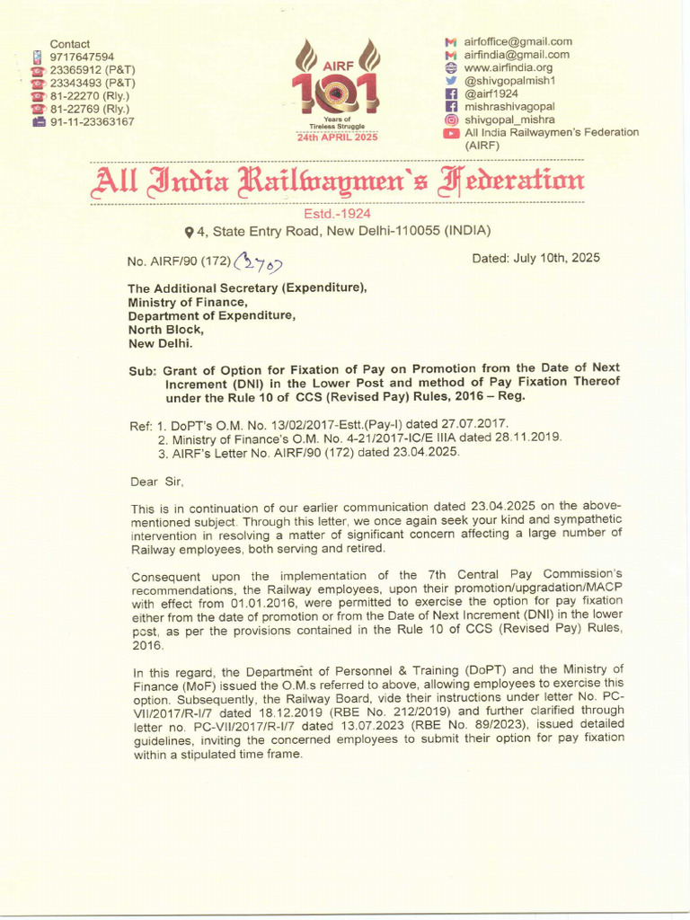 Grant of Option for Fixatio of Pay on Promotion From the Date of Next Increment - Letter to Rly ...