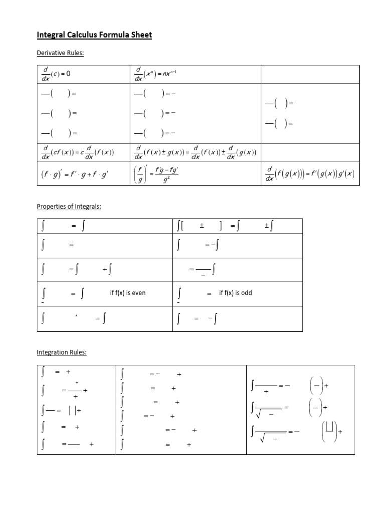 Integral Calculus Formula Sheet | PDF | Algebra | Area