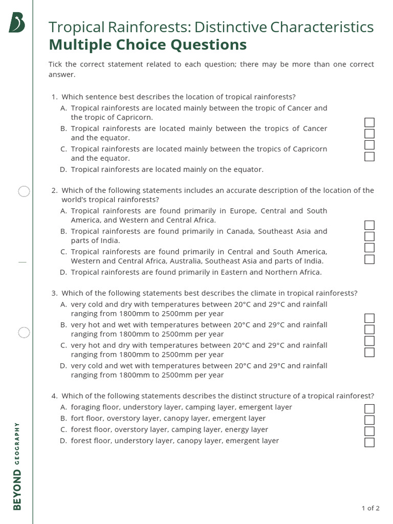Tropical Rainforest Distinctive Characteristics MCQ | PDF | Tropics ...