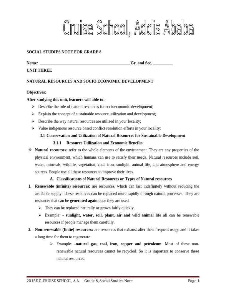 UNIT 3 Social Studies Note Natural Resource and Socioeconomic Development | PDF | Water ...