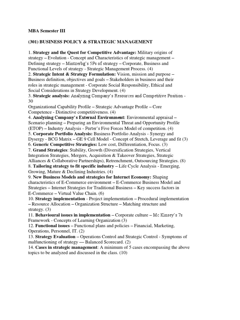 MBA Semester III (301) Business Policy & Strategic Management | PDF | Strategic Management | C ...