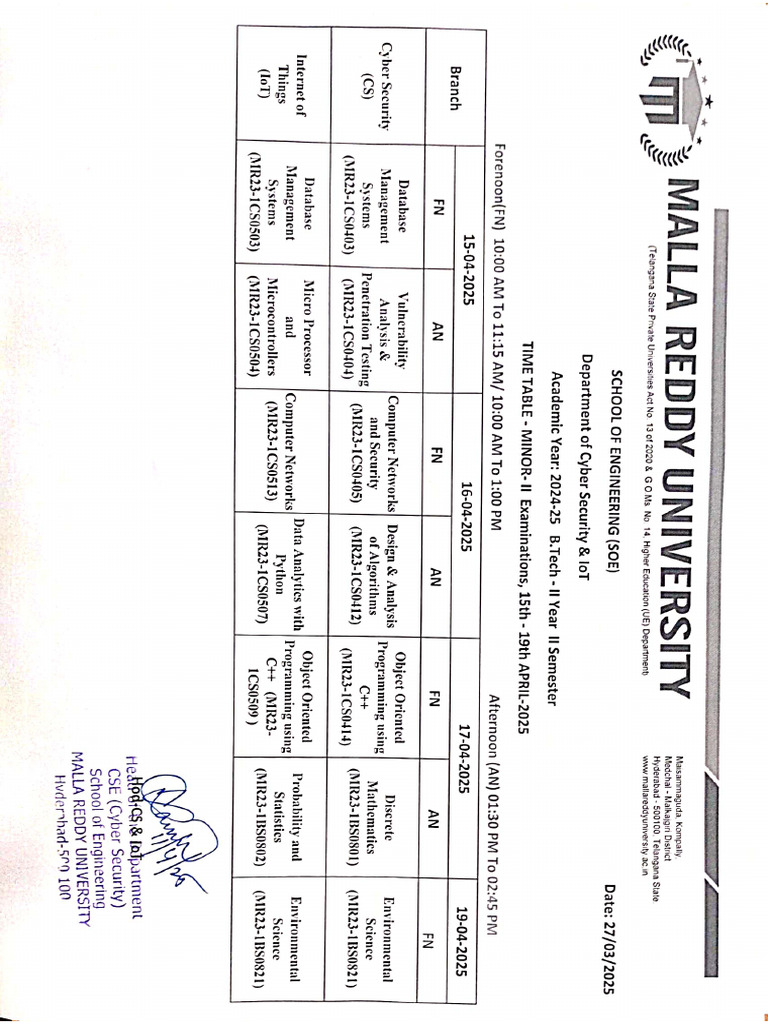 Minor - II Time Table (Updated Timings) | PDF