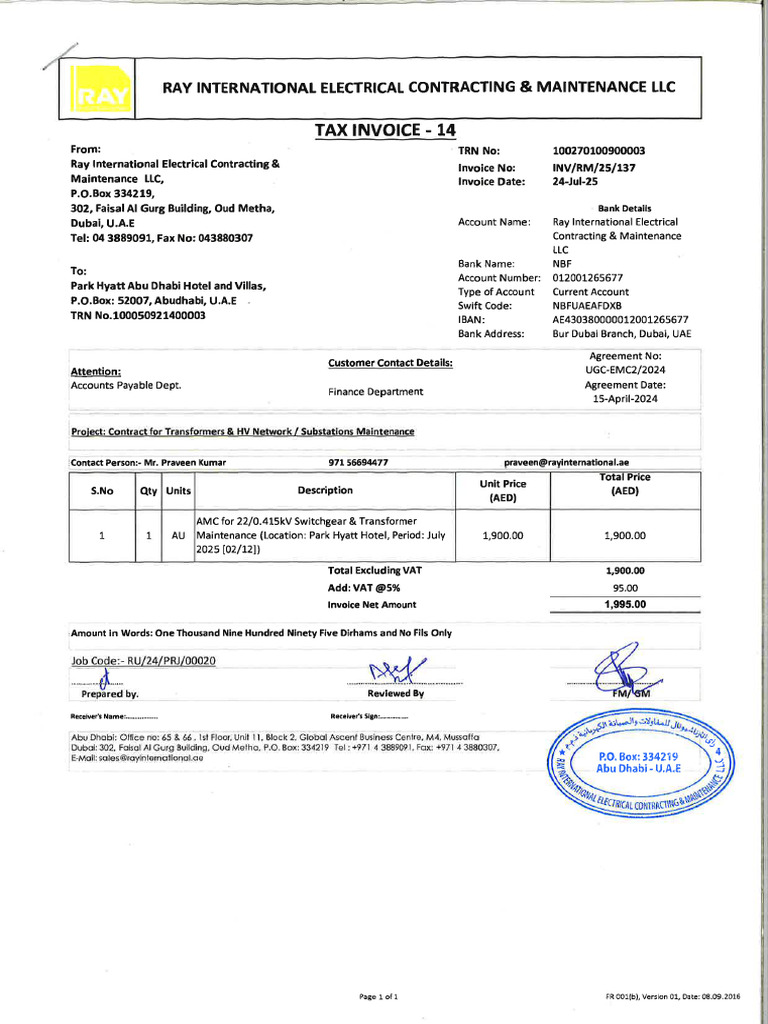 Park Hyatt Invoice - July 2025 | PDF