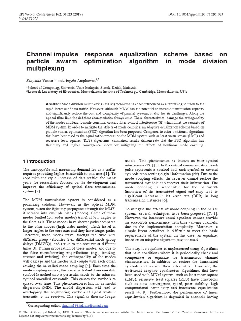 Channel Impulse Response Equalization Scheme Based | PDF | Fiber Optic Communication | Fast ...