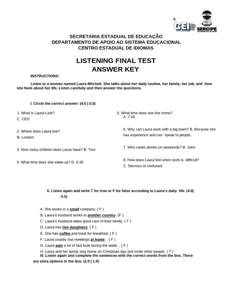 Basic 1 Final Listening Test Answer Key | PDF