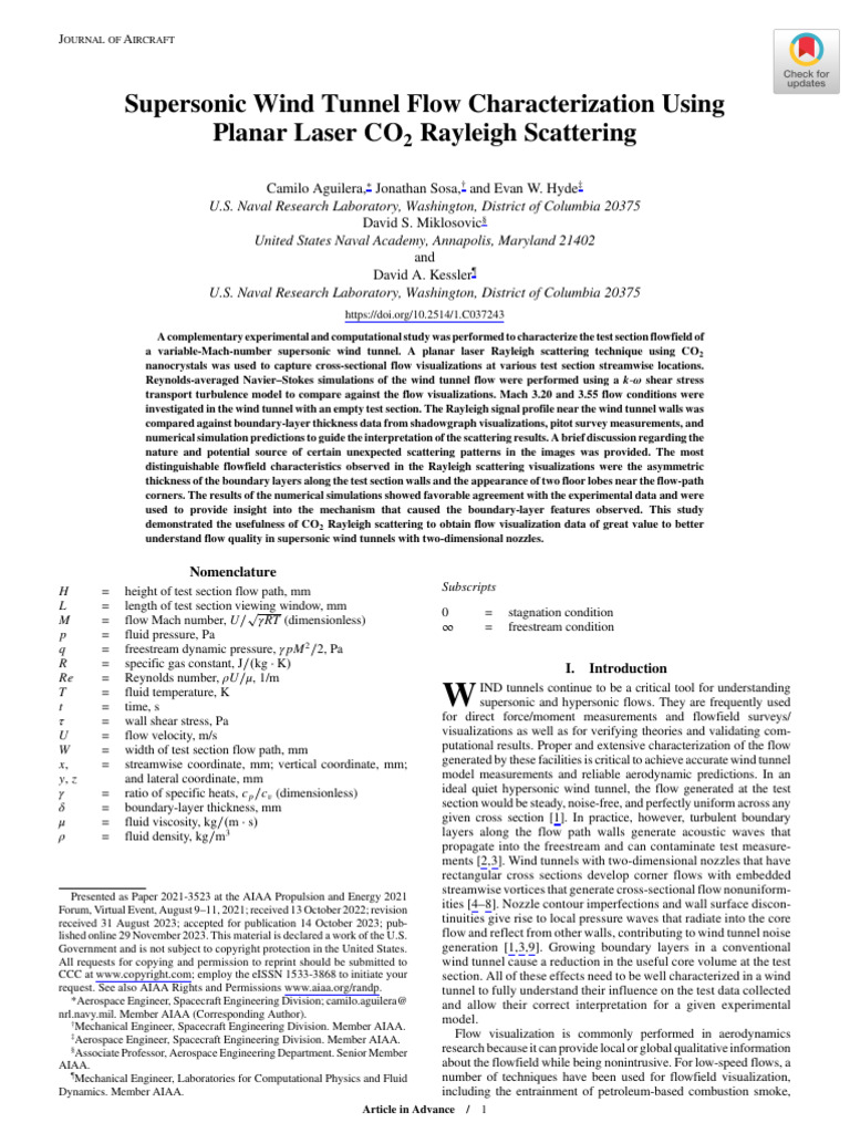 Aguilera Et Al 2023 Supersonic Wind Tunnel Flow Characterization Using Planar Laser Co2 Rayleigh ...