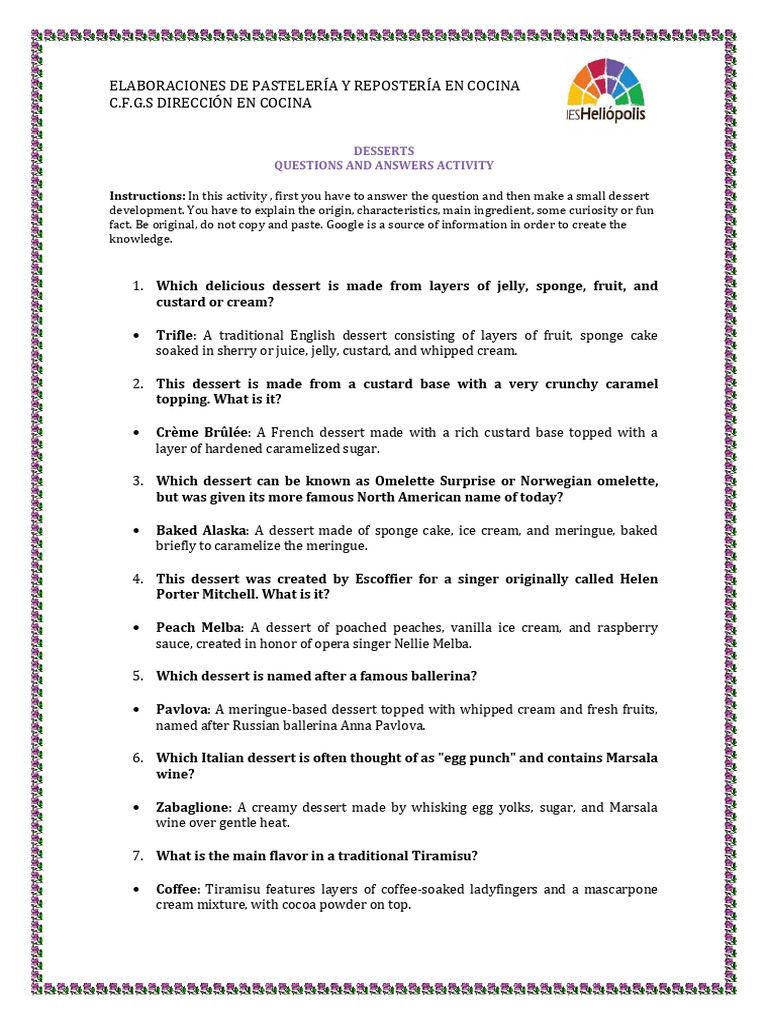 Dessert Questions and Answers Activity | PDF | Desserts | Cakes