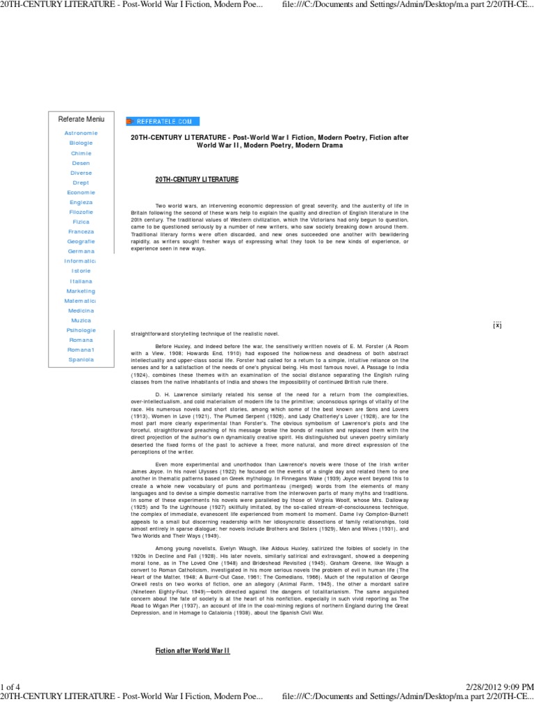 20TH-CENTURY LITERATURE - Post-World War I Fiction, Modern Poetry ...