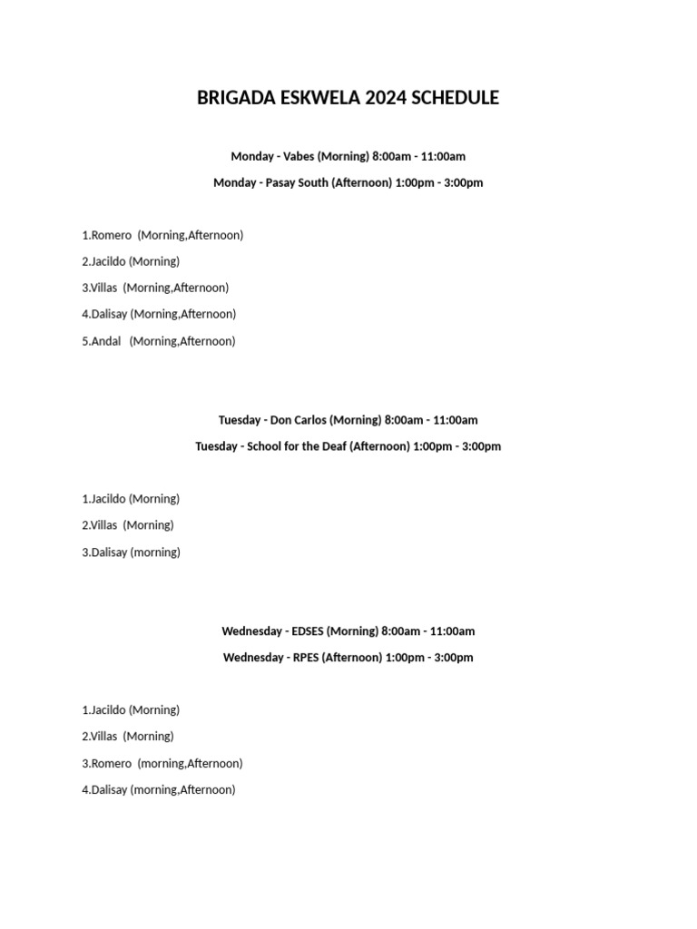 Brigada Eskwela 2024 Schedule | PDF