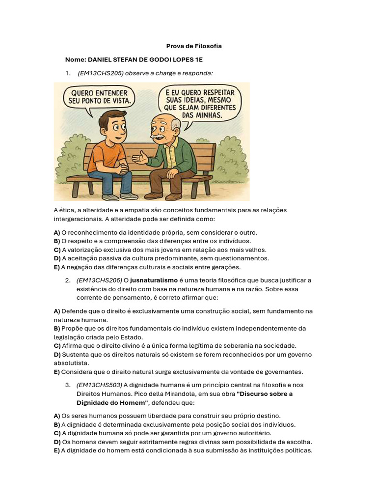 Prova de Filosofia Pcd Daniel 1E | PDF