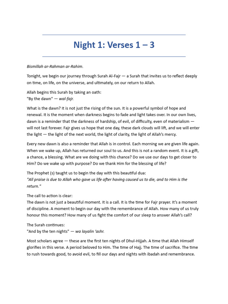 Sura Fajr - Reflections - Script | PDF