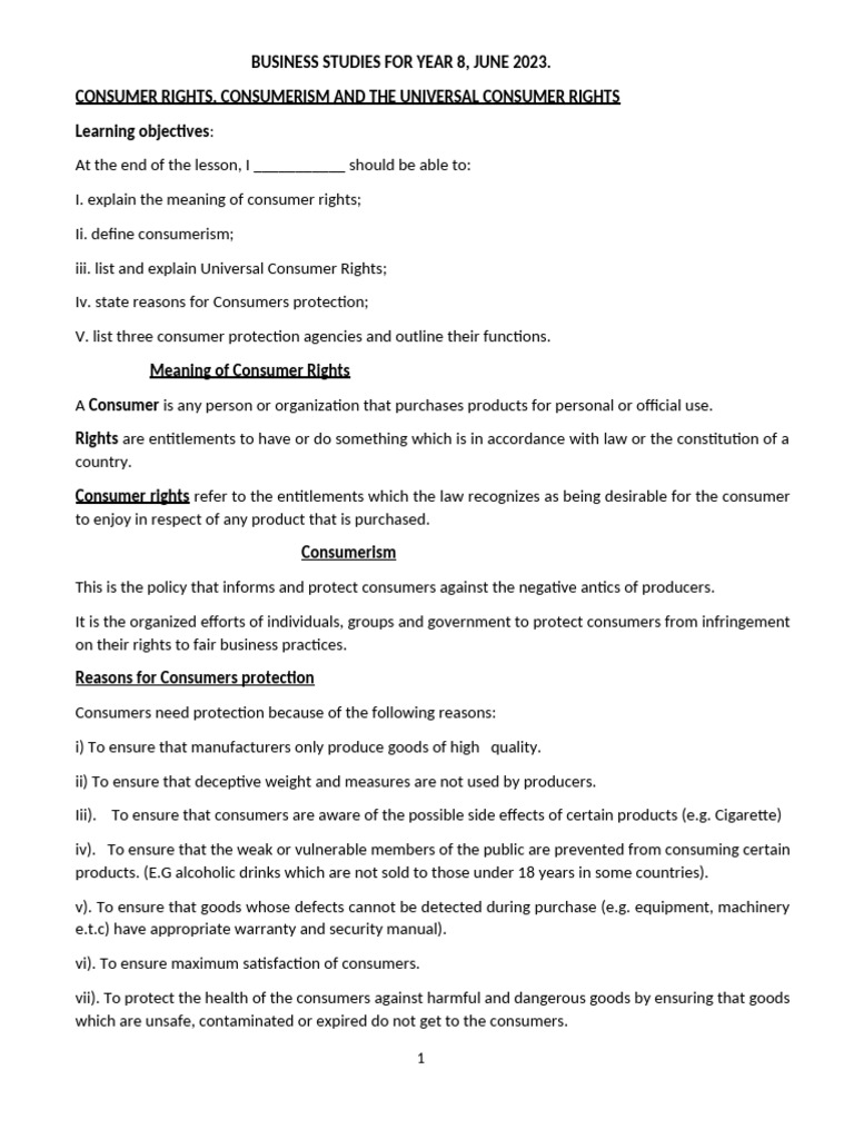 Year 8 Business Studies: Consumer Rights | PDF | Debits And Credits ...