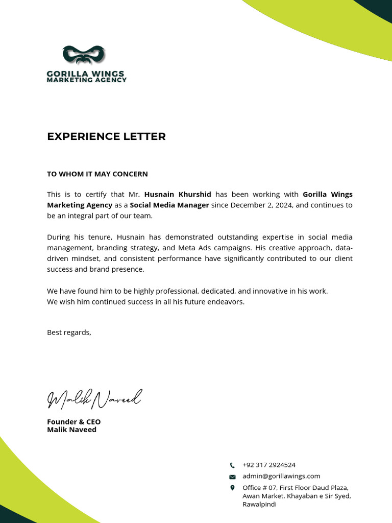Experience Letter - Gorilla Wings - Husnain Khurshid | PDF