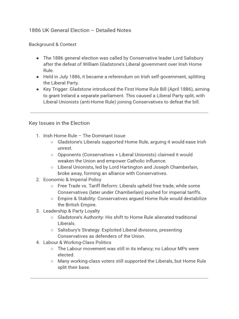 1886 United Kingdom General Election Notes | PDF | Liberal Party (Uk ...