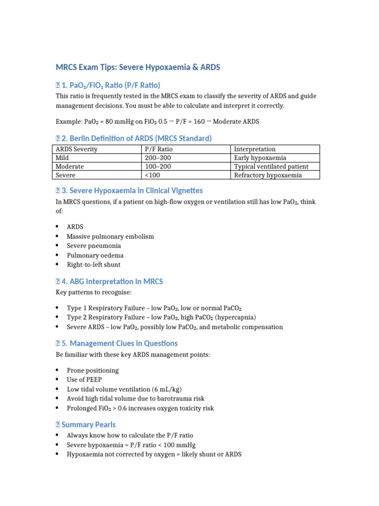 MRCS Exam Tips Severe Hypoxaemia and ARDS | PDF
