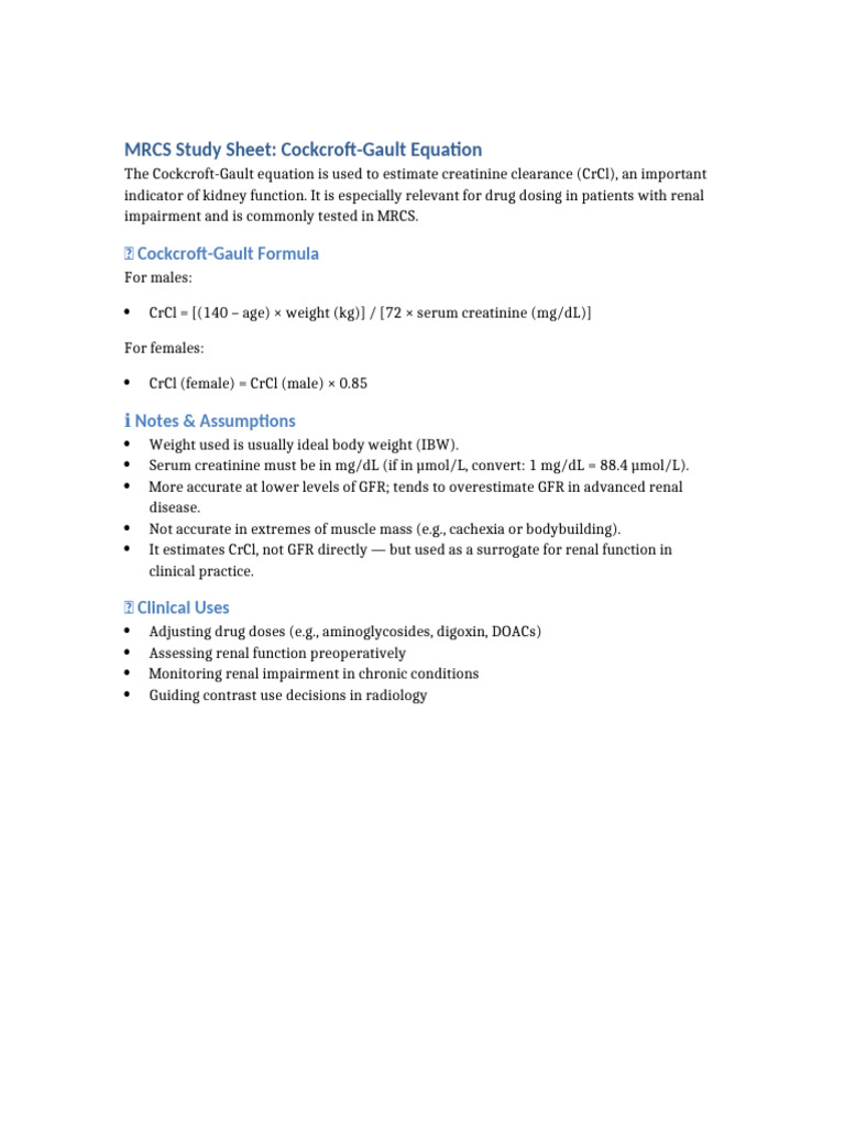 Cockcroft-Gault Equation for CrCl Estimation | PDF