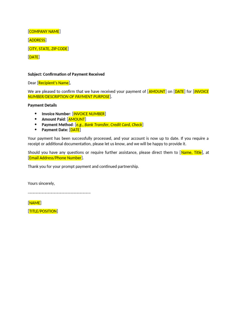Confirmation of Payment Letter | PDF