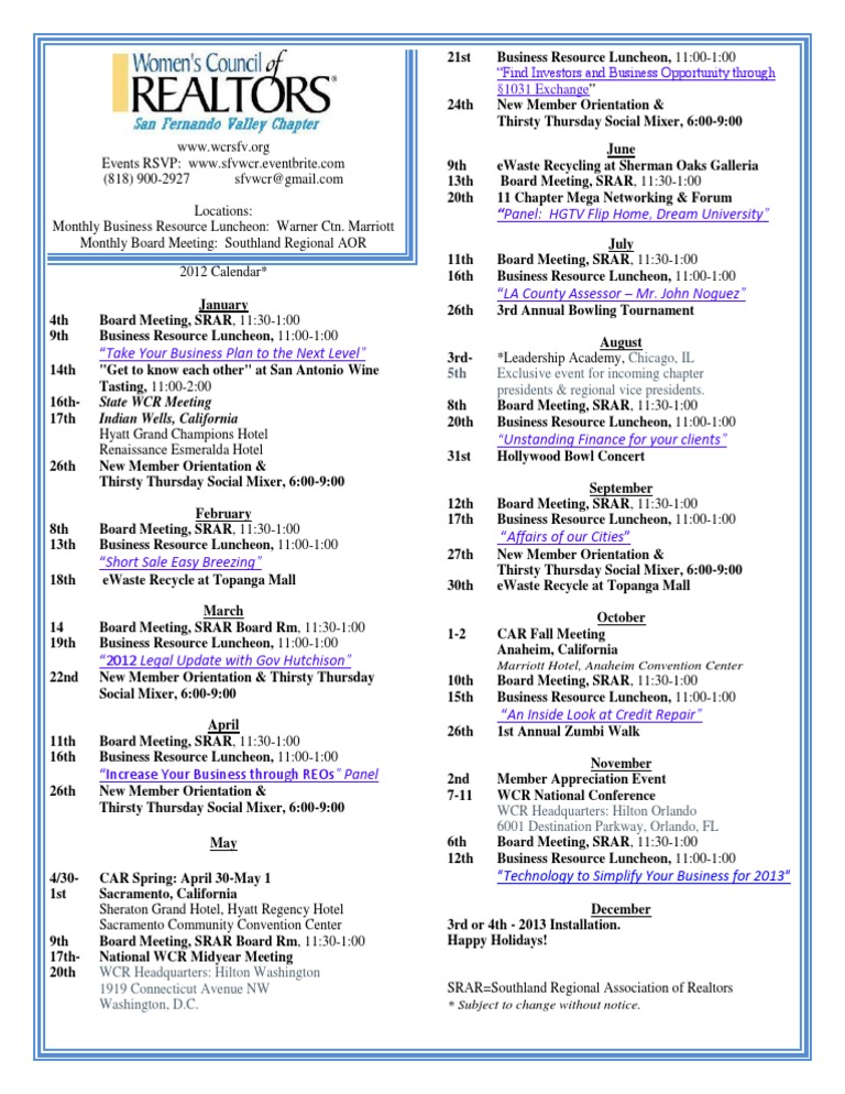 2012 WCR SFV Business Calendar | PDF | Hotel And Accommodation | Business