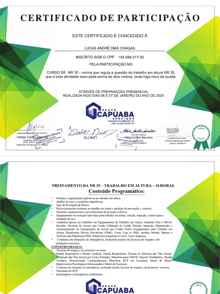 Certificado NR 35 Lucas André Dias Chagas | PDF