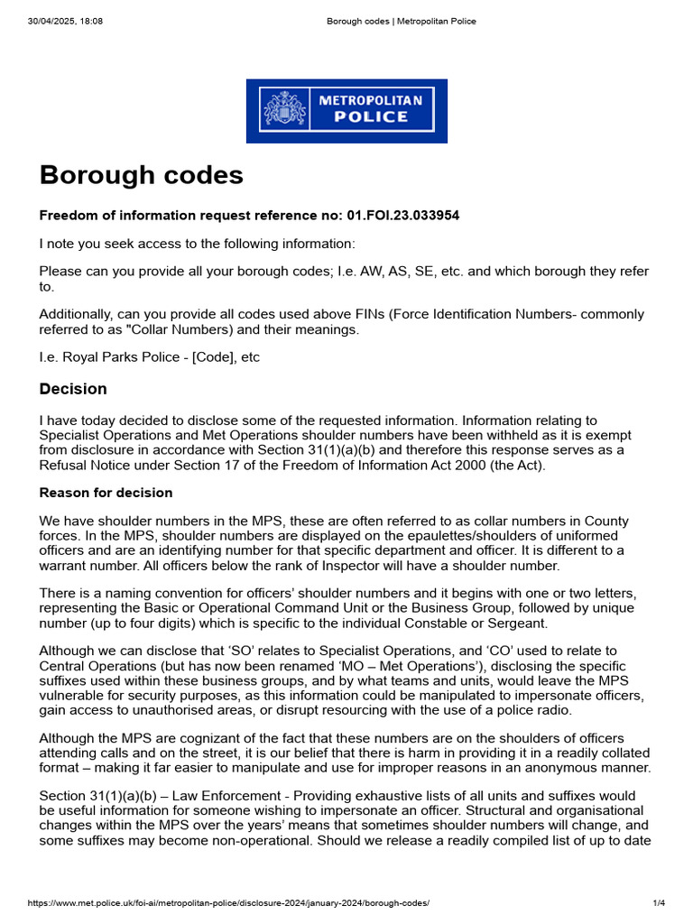Met Police Borough Codes | PDF | Law Enforcement | Crime & Violence