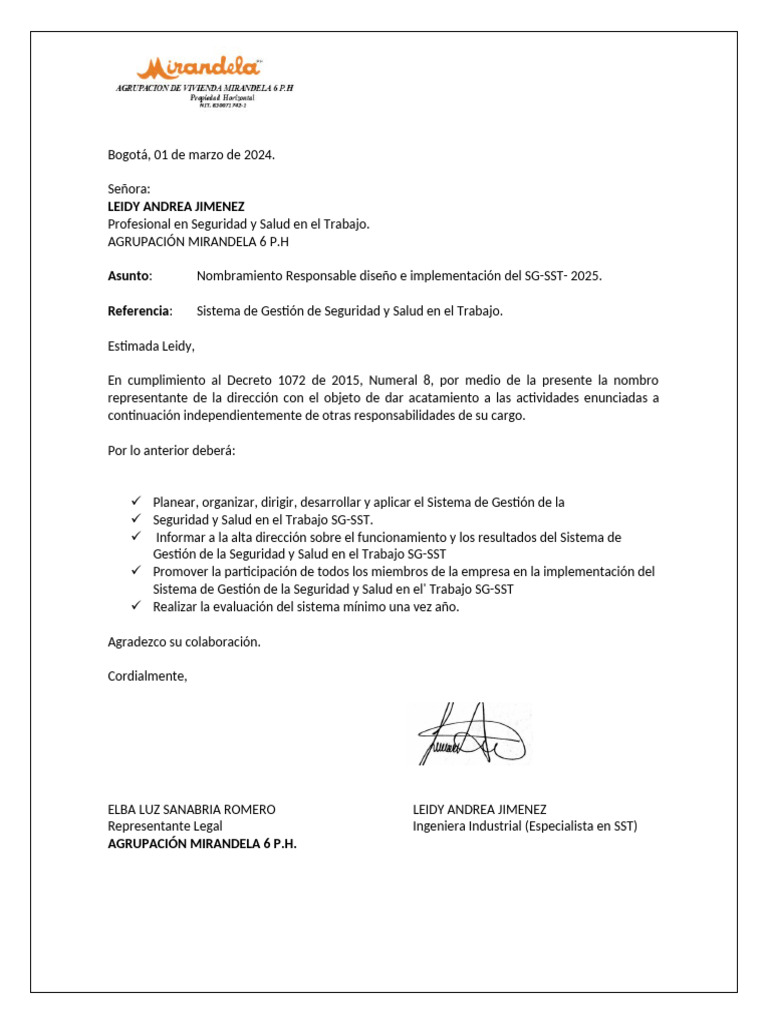 OD-SG-01 - Carta Nombramiento Responsable SST - 2025 - Mirandela | PDF