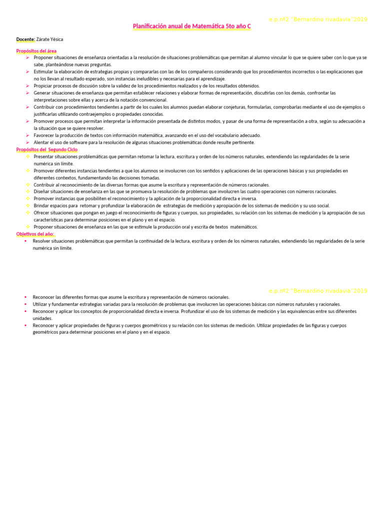Planificación Anual de Matemática 5to Año C 2019 | PDF | División ...