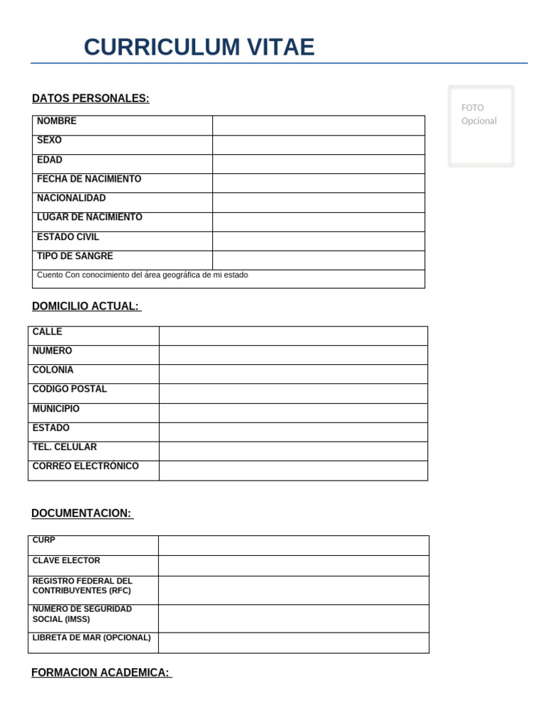 CURRICULUM-ForMATO Vacio para Imprimir Solo Formato $6.00 y $45.00 Transcribir El Formato | PDF