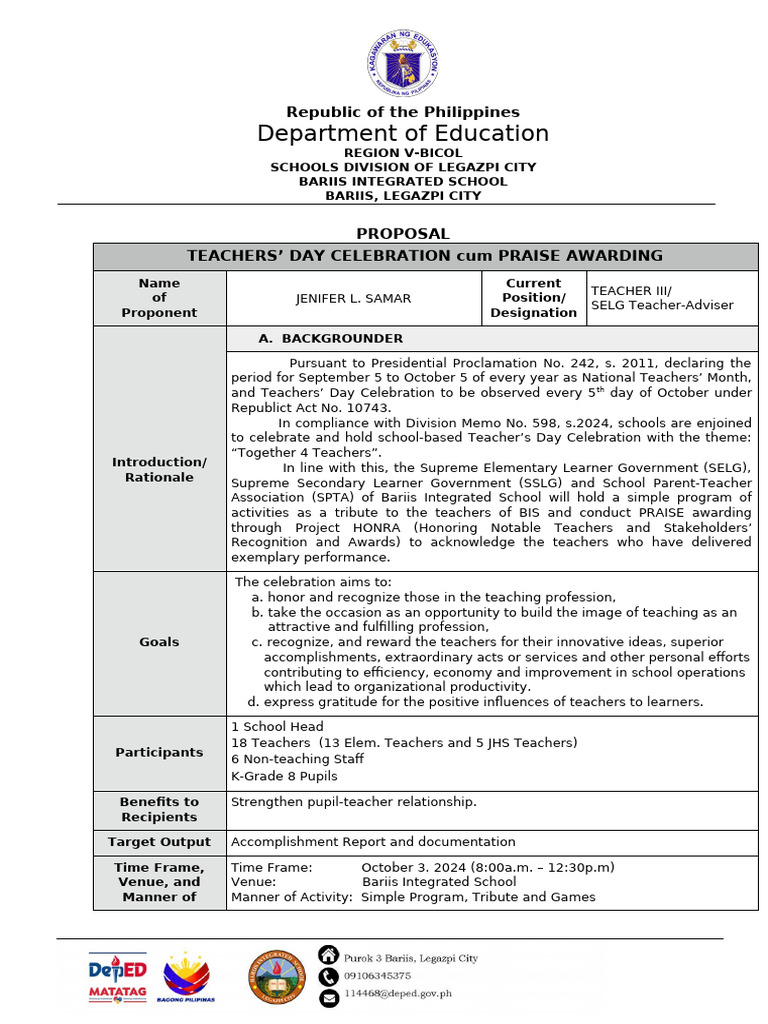 Teachers' Day Celebration Proposal 2024 | PDF