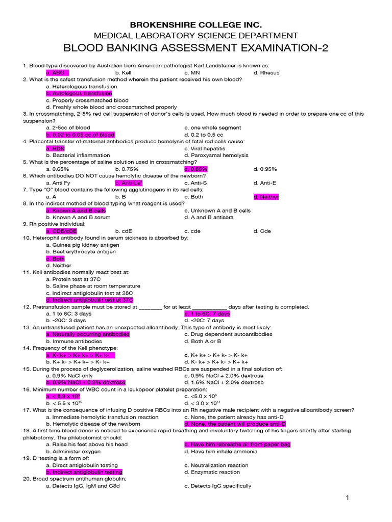 Brokenshire Blood Bank Questionnaire Answer Key | PDF | Blood ...
