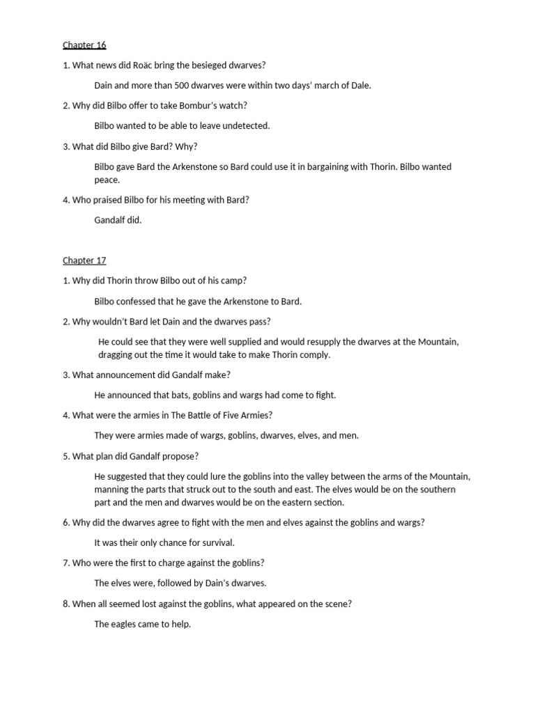 Chapter 16-19 Questions and Answers | PDF | Bilbo Baggins | The Hobbit