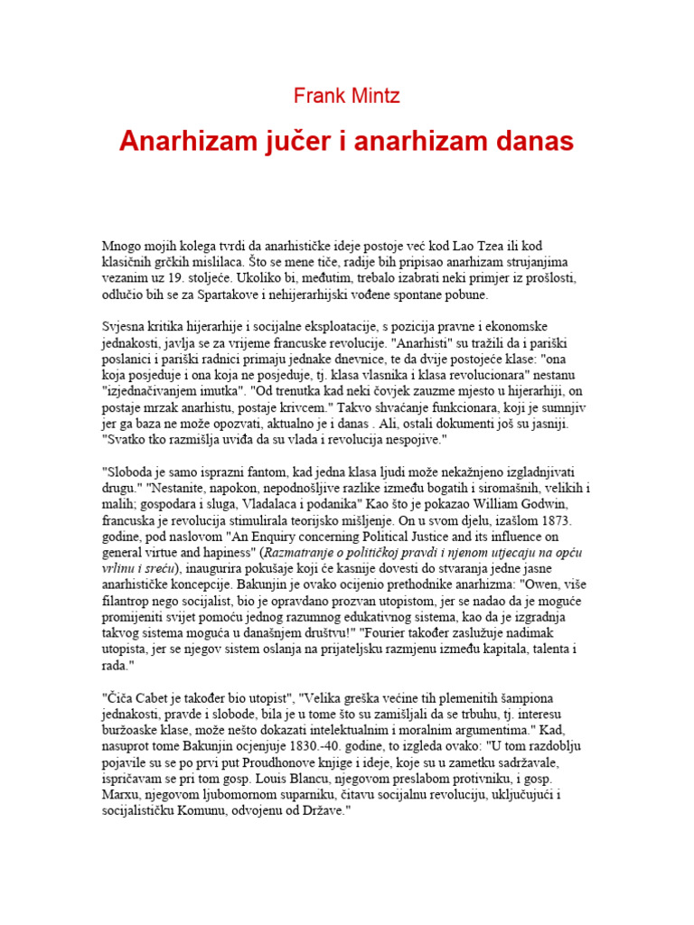 Frank Mintz - Anarhizam Jucer I Anarhizam Danas | PDF