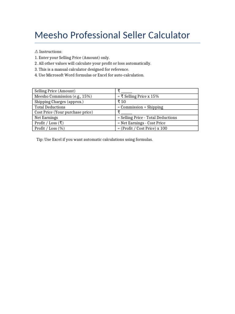 Meesho Professional Seller Calculator | PDF