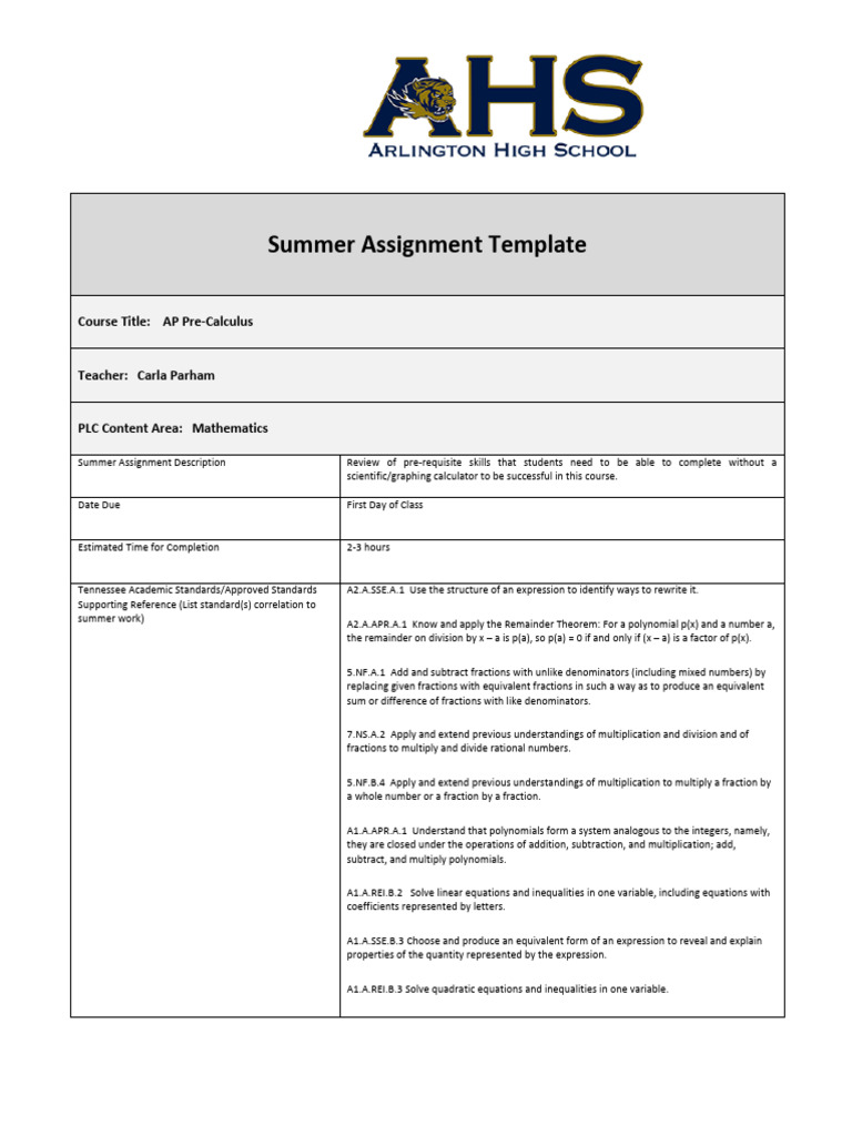 AHS Summer Assignment Template AP Pre-Calculus - 240519 - 110244 | PDF ...