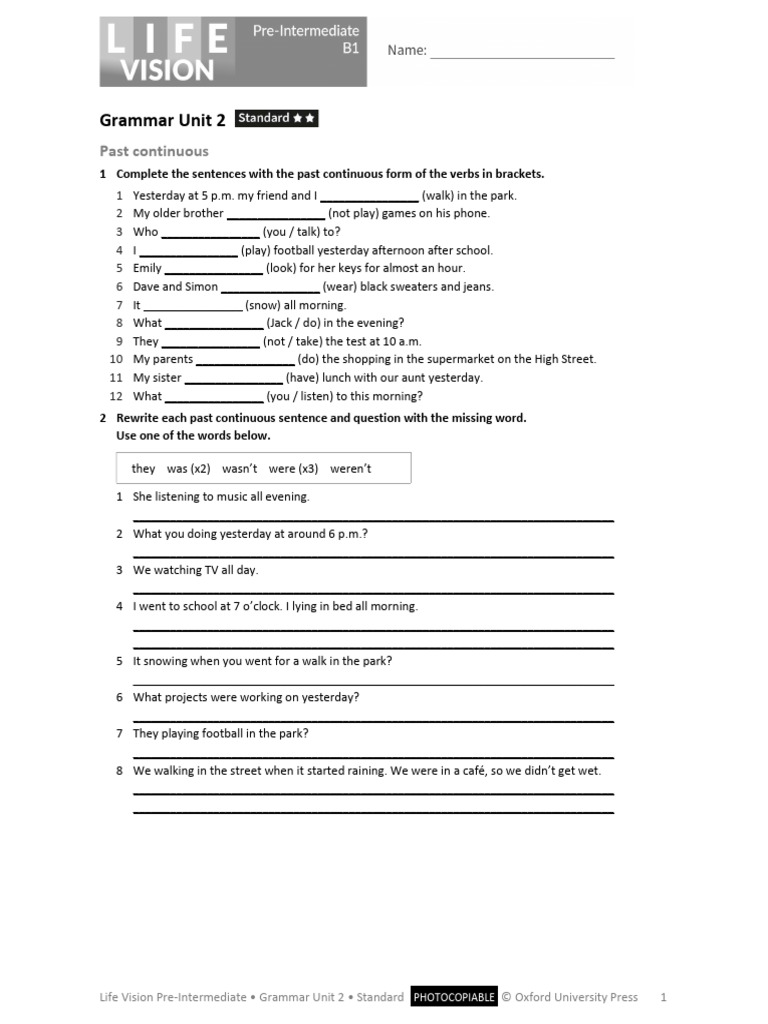 LV Pre Int U2 Grammar Standard Worksheet | PDF