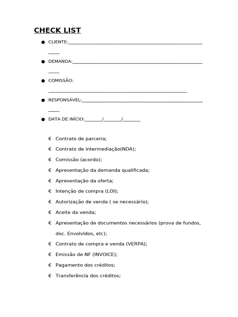 Checklist de Processo de Venda e Comissão | PDF