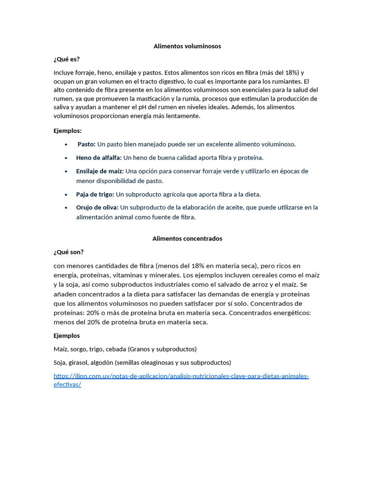 Alimentos Voluminosos y Concentrados | PDF
