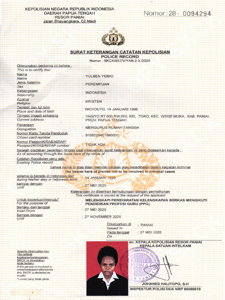 Surat Keterangan Catatan Kepolisian SKCK Yulben Yeimo | PDF