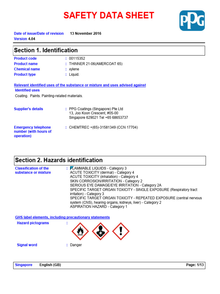 Thinner 21-06 (Amercoat 65) 00115352 | PDF | Toxicity | Waste Management