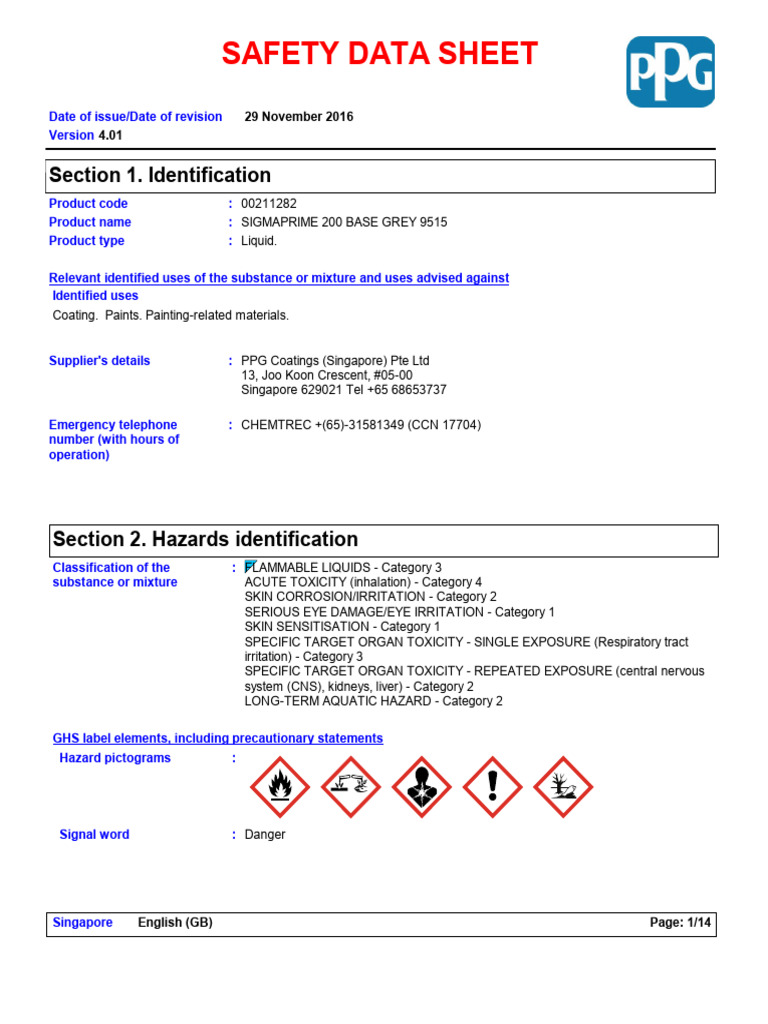 SIGMAPRIME 200 BASE GREY Safety Data Sheet | PDF | Dangerous Goods ...