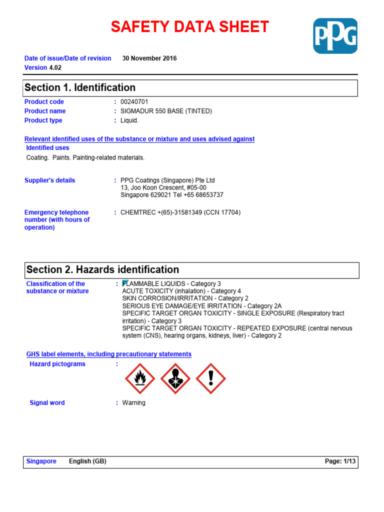 SIGMADUR 550 BASE Safety Data Sheet | PDF | Toxicity | Waste Management