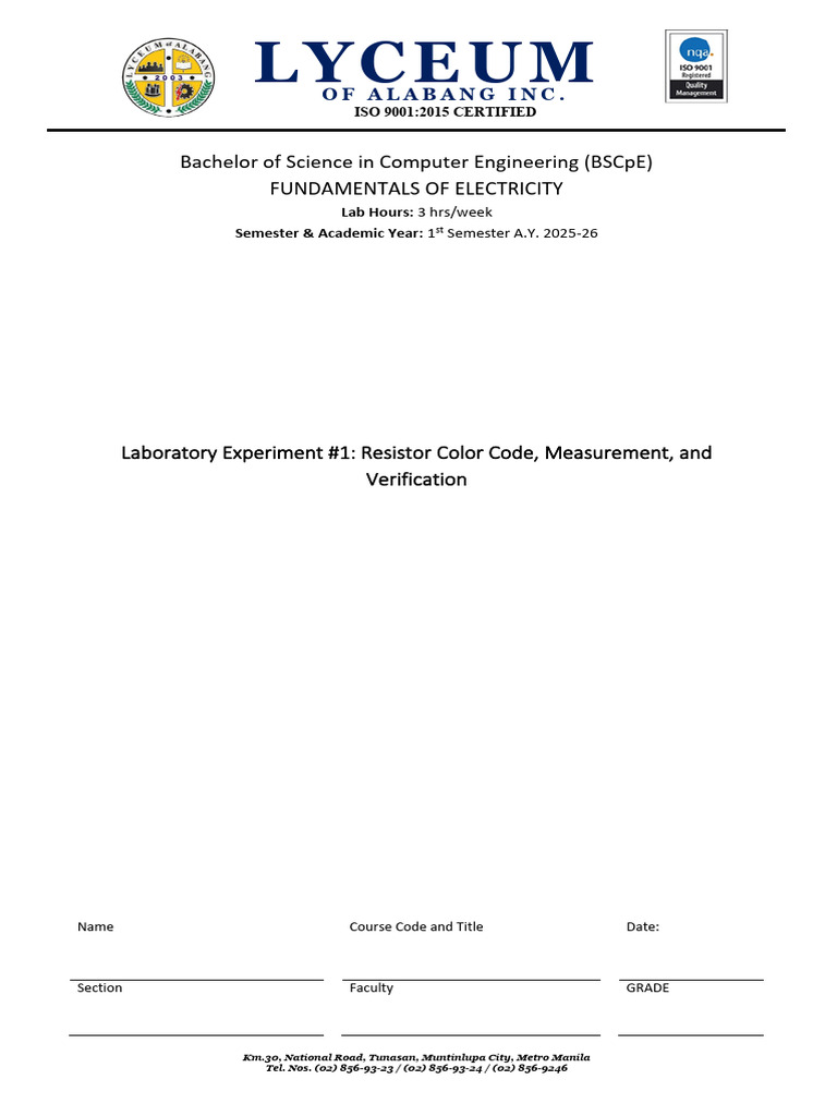 Fundamentals of Electricty Experiment # 1.1 AY 2025-26 | PDF | Resistor | Engineering Tolerance