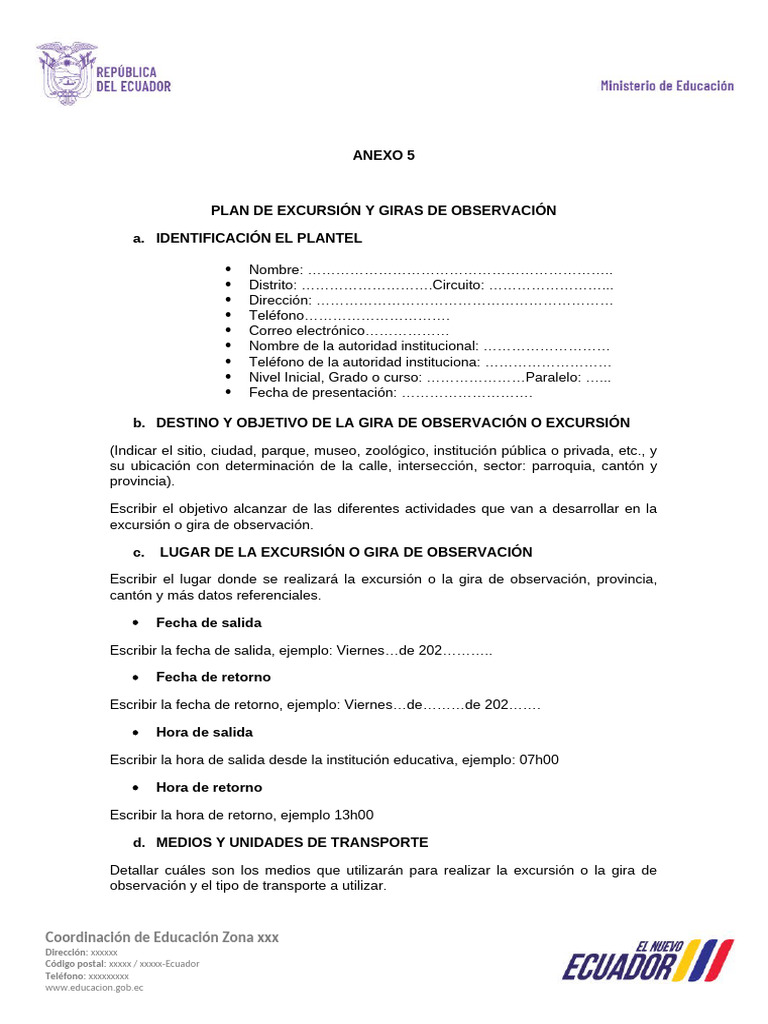 Plan de Excursión Escolar en Ecuador | PDF