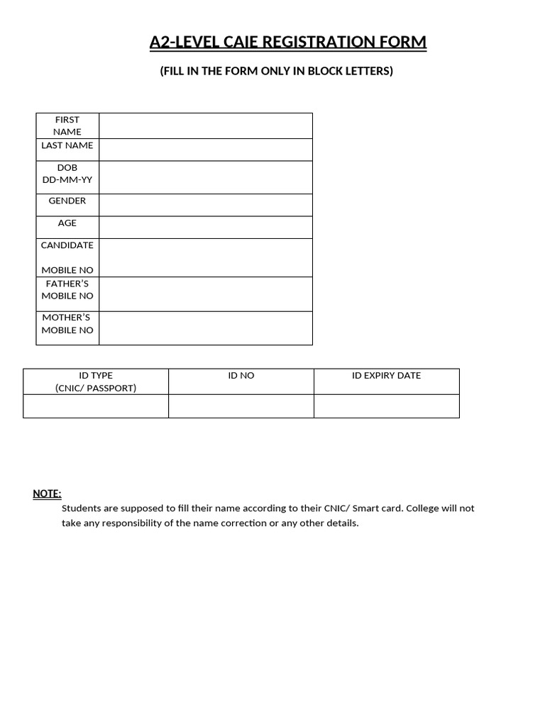 A2-Level CAIE Registration Form | PDF