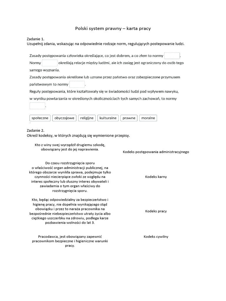 Polski System Prawny - Karta Pracy | PDF
