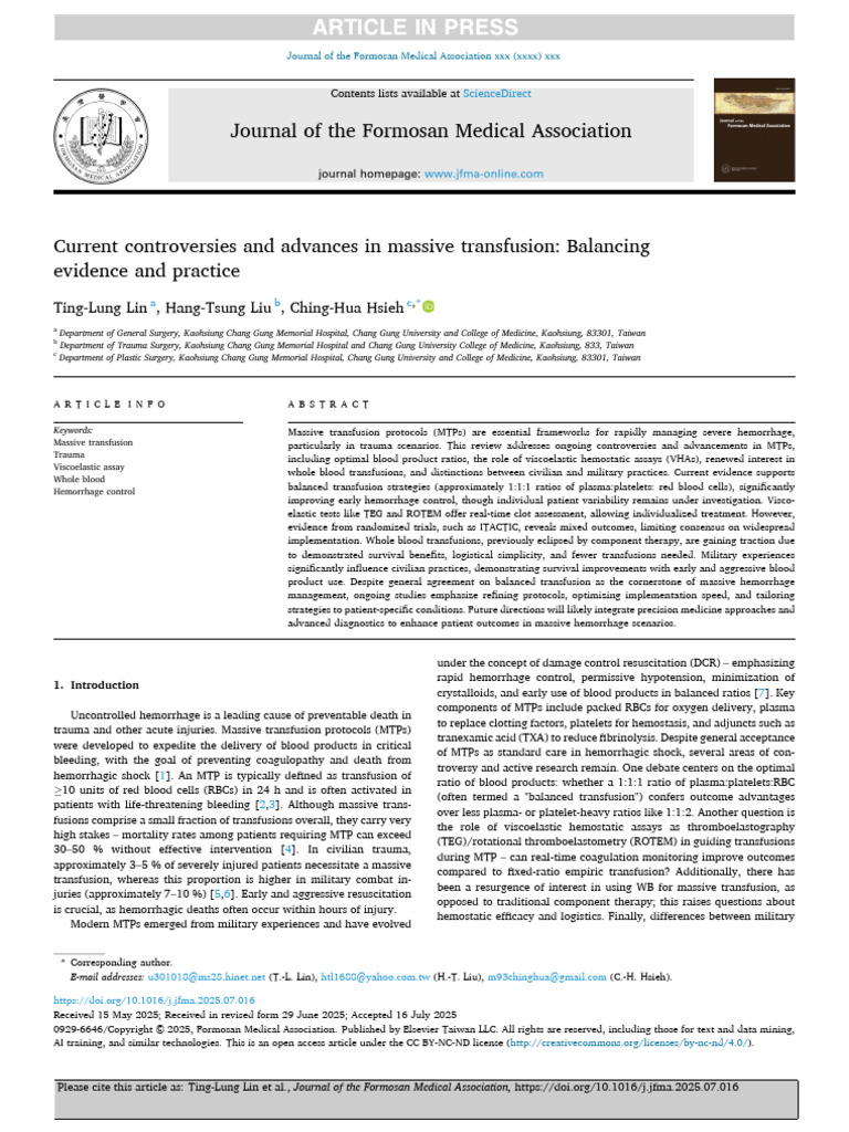 Advances in Massive Transfusion Protocols | PDF | Bleeding | Blood ...