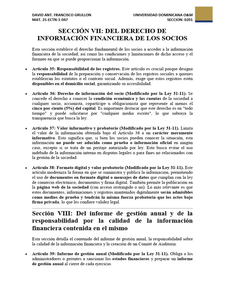 Analisis Articulos 35 Al 48 Ley 479-08 | PDF | Dividendo | Auditoría