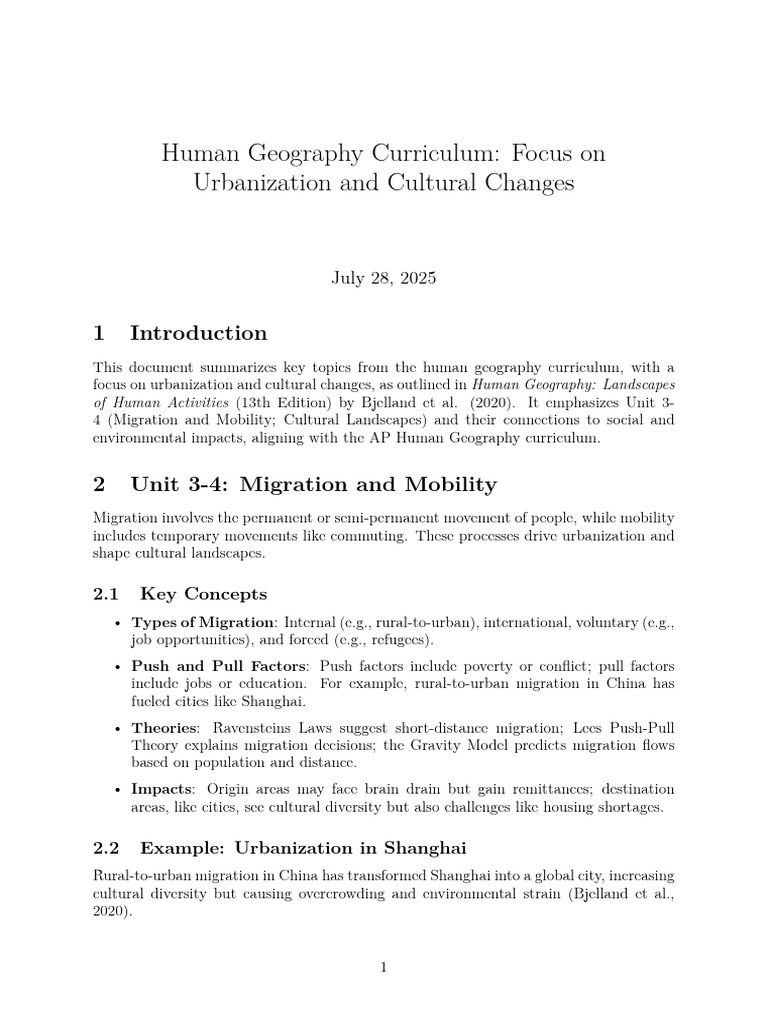 Human Geography Curriculum: Focus On Urbanization and Cultural Changes ...